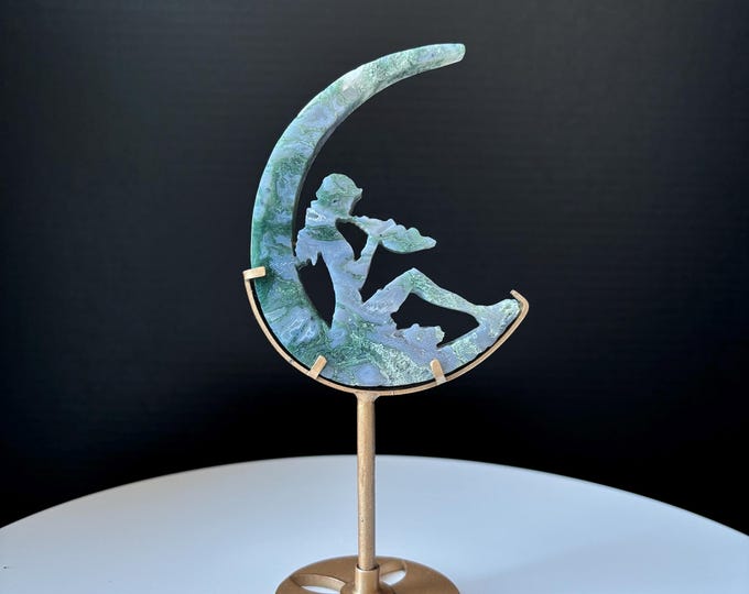 Whimsical Crystal Blue Moss Agate Fairy on Moon With Stand, Natural ...