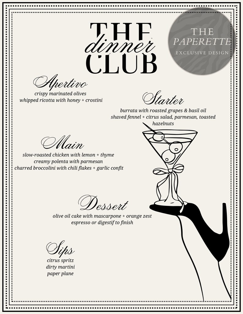 Editable Dinner Party Invitation & Menu Template: Simple Chic Design ...