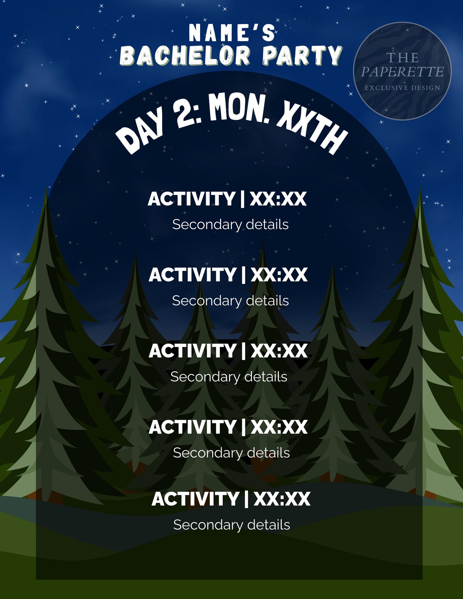 Cabin Lake Bachelor Party Itinerary Template: Camping Guys Trip ...
