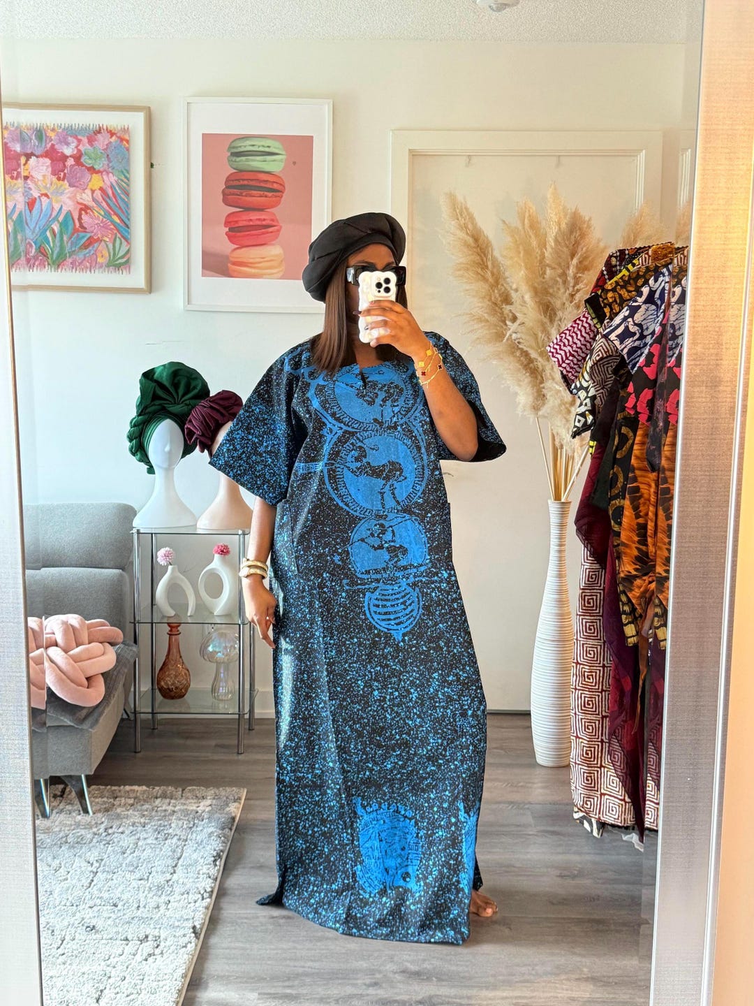 Blue Cotton Adire Bubu Kaftan Dress: Embroidered Neckline, Maxi Style ...