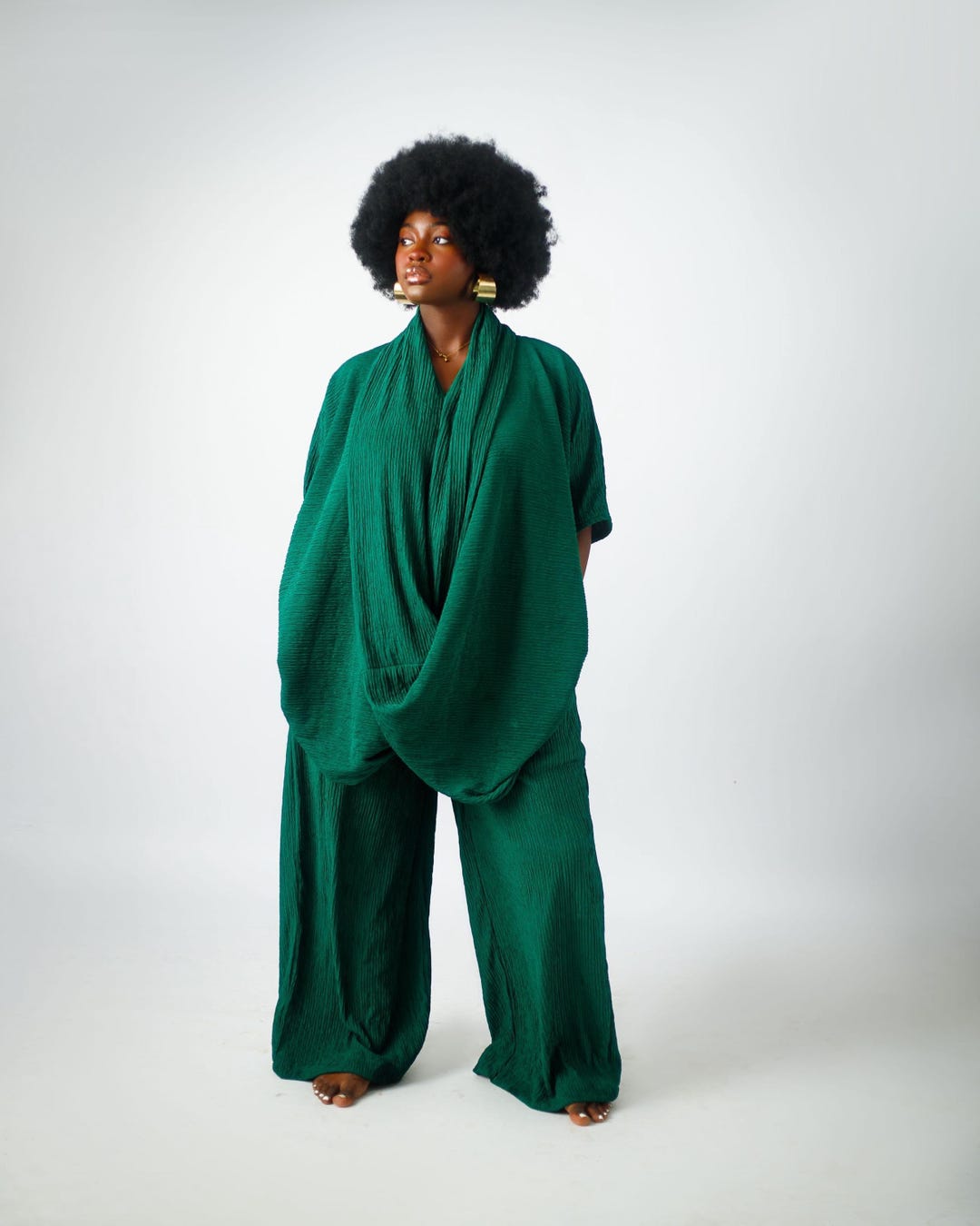 Green Two Piece Set With Scissors Kimono Bubu and Pants Trouser ...