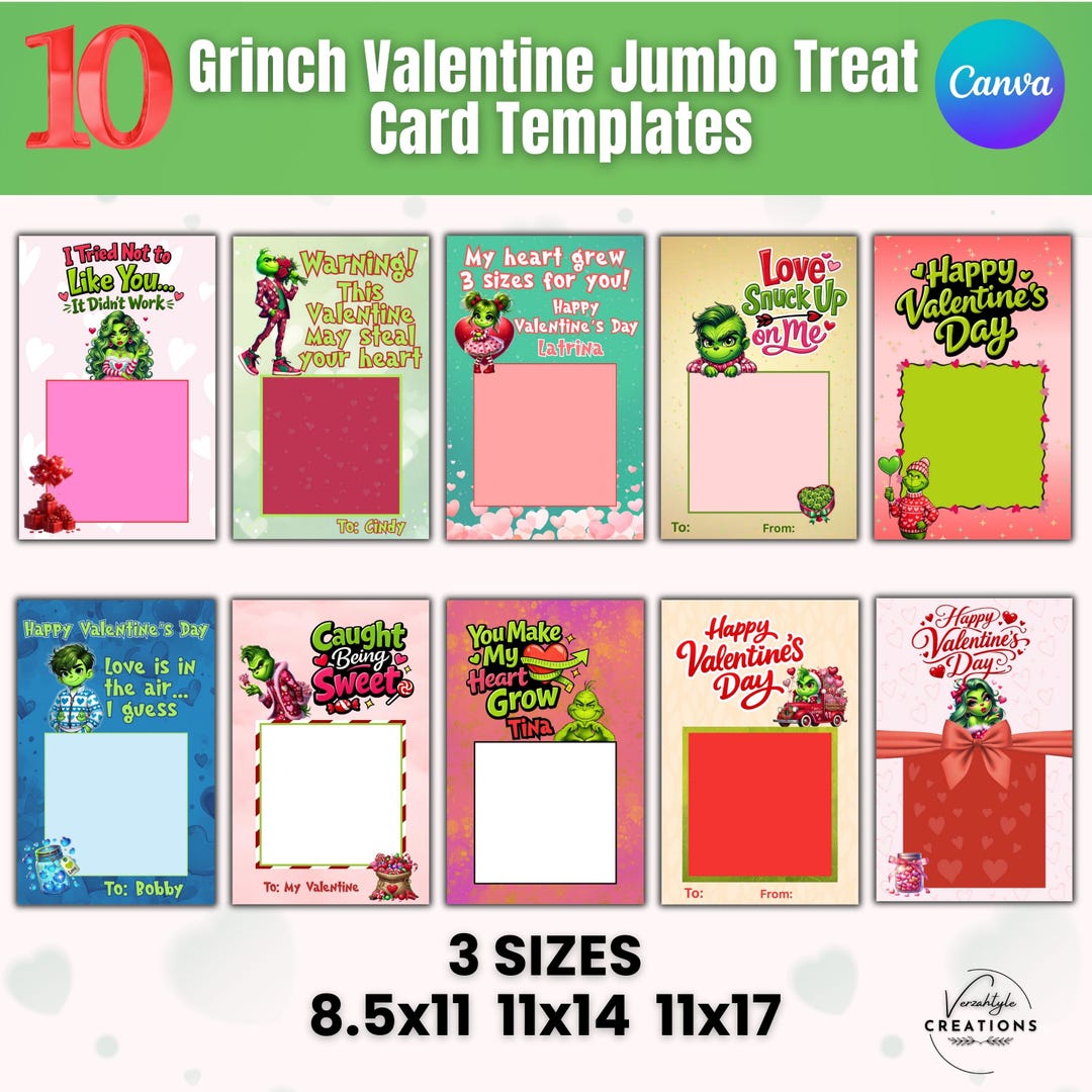 10 Grinch Valentines Day Jumbo Card Template, Editable Canva Snack ...