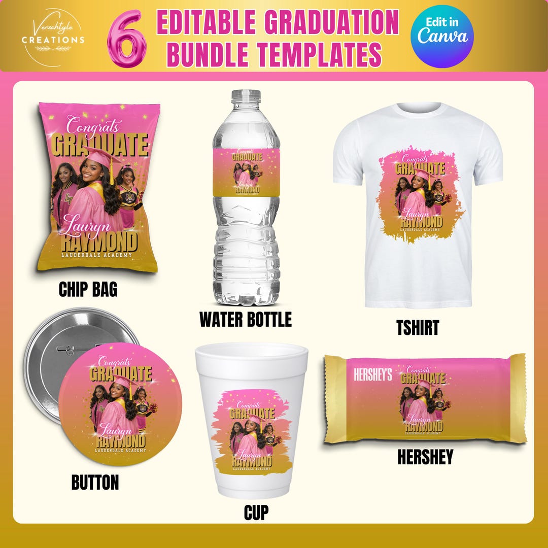 6 Editable Graduation Bundle Templates, Canva Digital Download, Pink ...