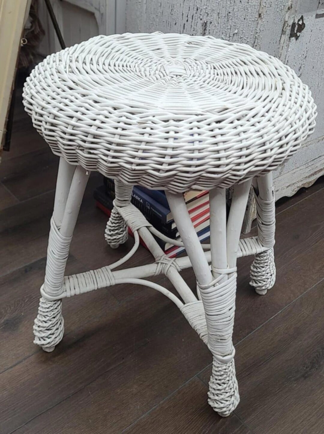 Stylish White Wicker Stool - Etsy