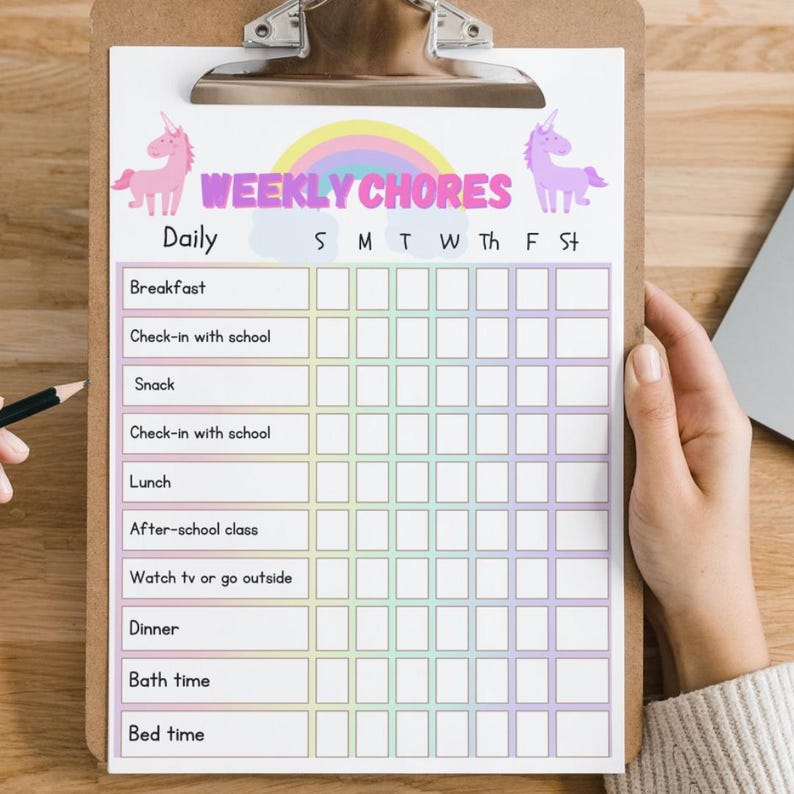Weekly Chore Chart Png, Digital Download, Responsibility chart, Unicorn ...