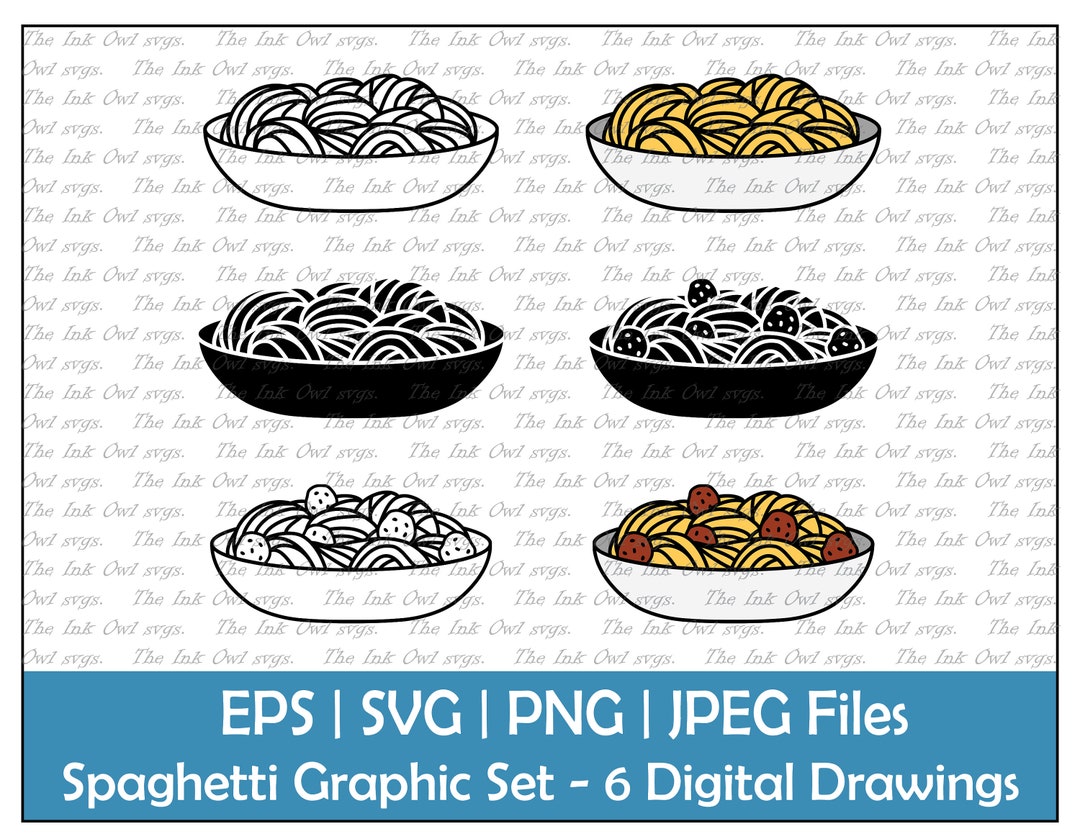 Spaghetti and Meatball Pasta Vector Clipart Set / Outline, Stamp and ...