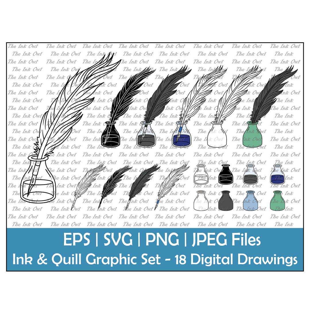 Ink Bottle and Feather Quill Pen Vector Clipart Set / Outline ...