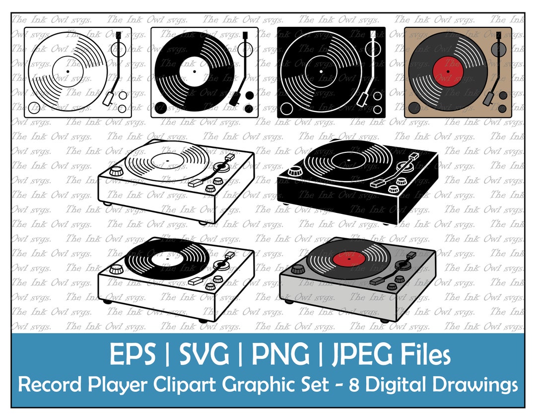 Vinyl Record Player Vector Clipart Set / Outline & Stamp Drawing ...