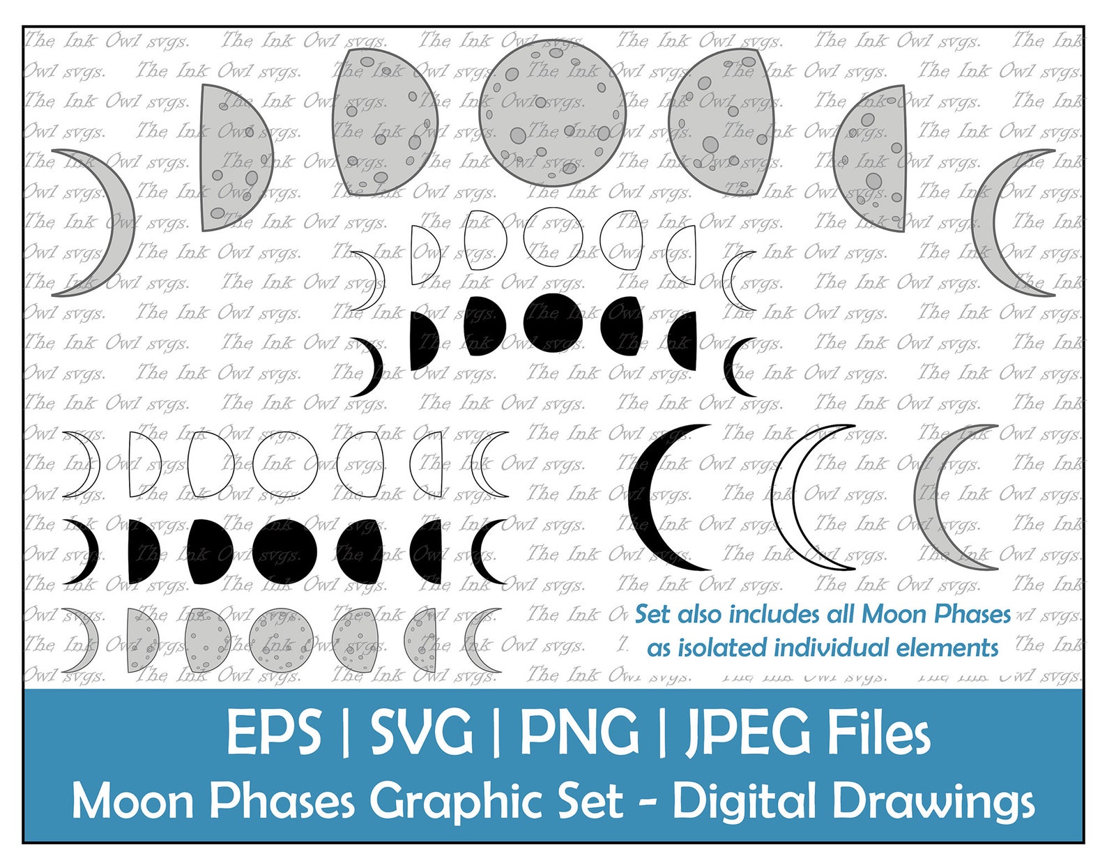 Moon Phases Vector Clipart Set / Outline, Stamp & Color Graphics ...