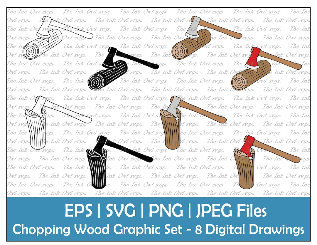 Axe Chopping a Wood Log Clipart Set / Outline, Stamp & Color Drawing ...