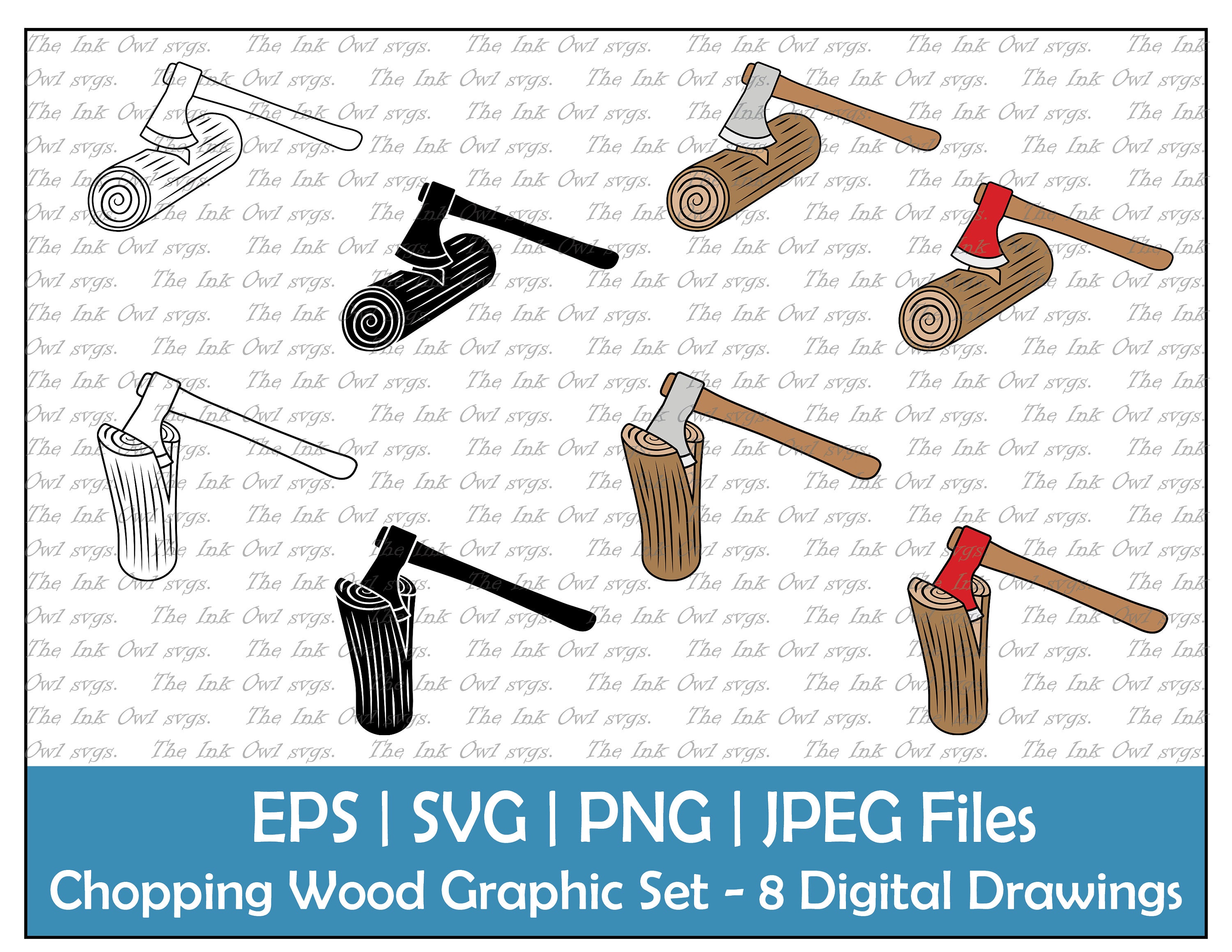 Axe Chopping a Wood Log Clipart Set / Outline, Stamp & Color Drawing ...