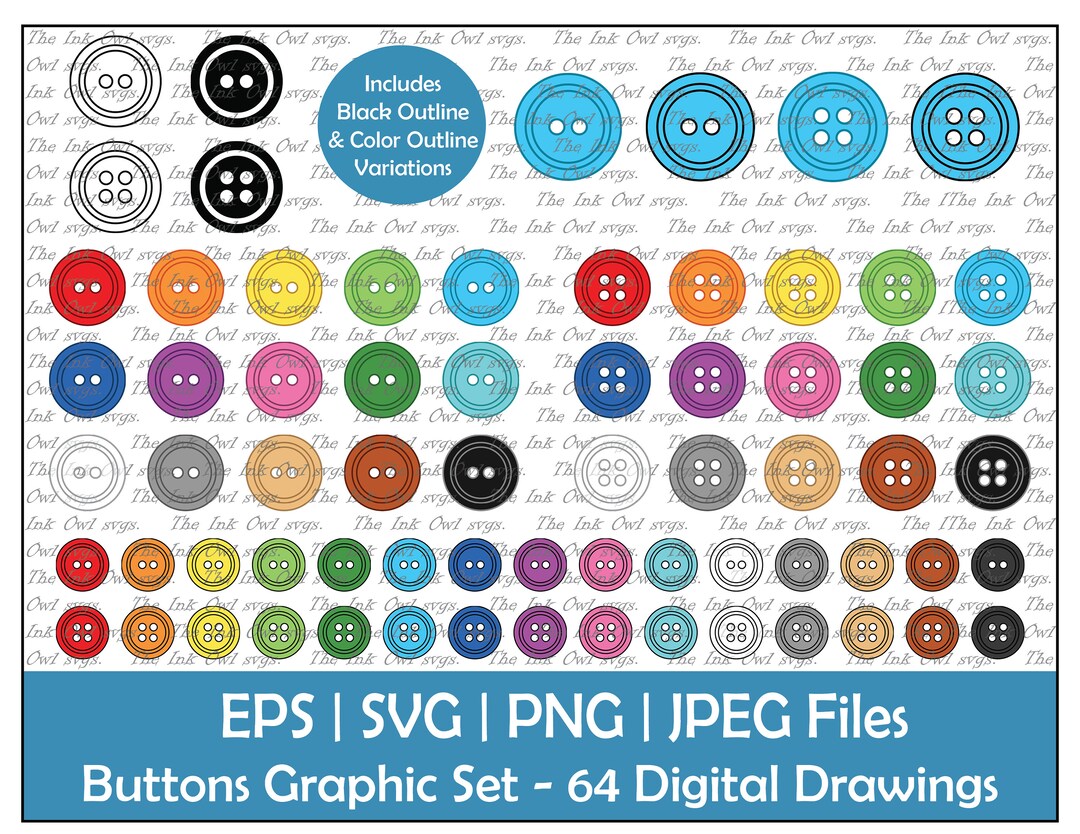 Buttons Vector Clipart Combo Set / Outline, Silhouette & Color Drawing ...