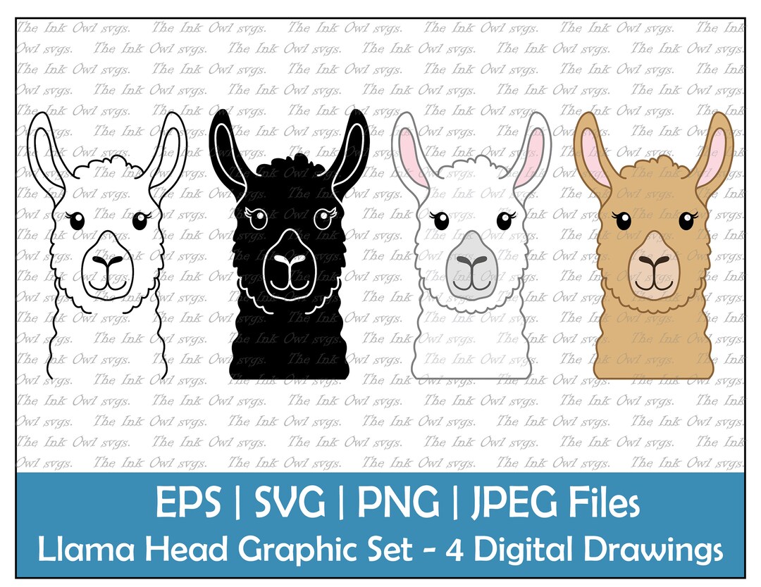 Llama Head and Face Vector Clipart Set / Outline & Stamp Drawing ...