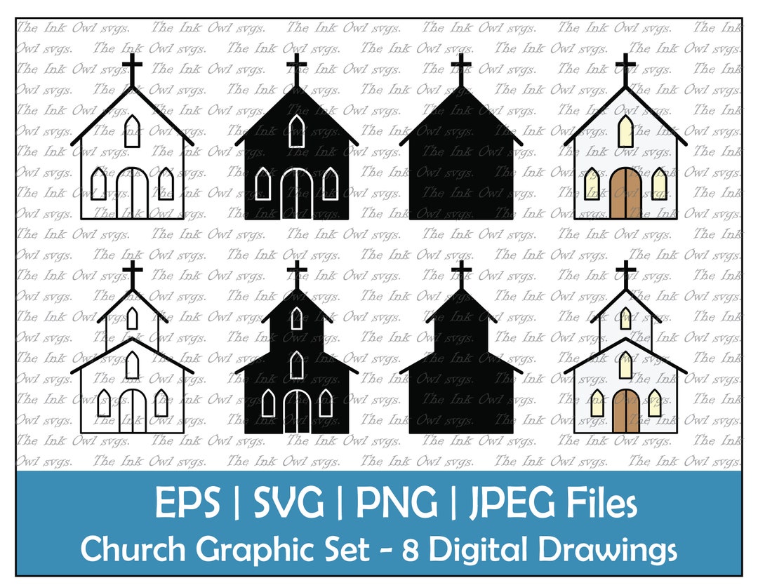 Church Building Vector Clipart Set / Outline & Stamp Drawing Graphic ...