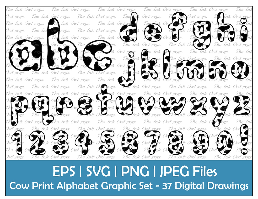 Cow Print Pattern Alphabet Lowercase Letters and Numbers Vector Clipart ...