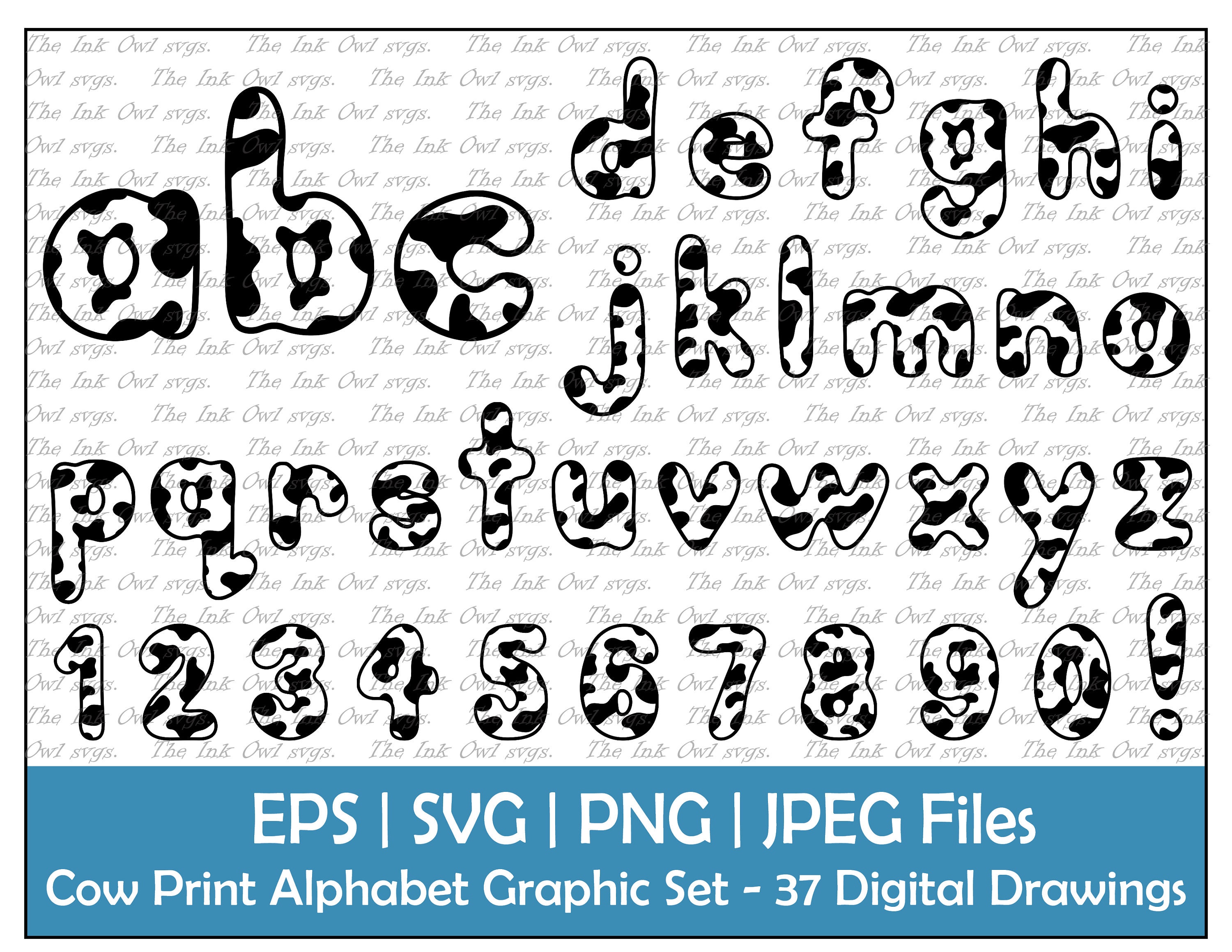 Cow Print Pattern Alphabet Lowercase Letters and Numbers - Etsy