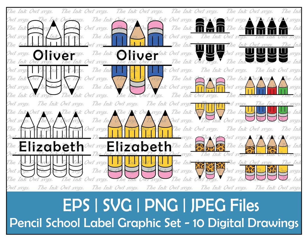 Back to School Pencil Name Label Vector Clipart / Outline, Stamp ...