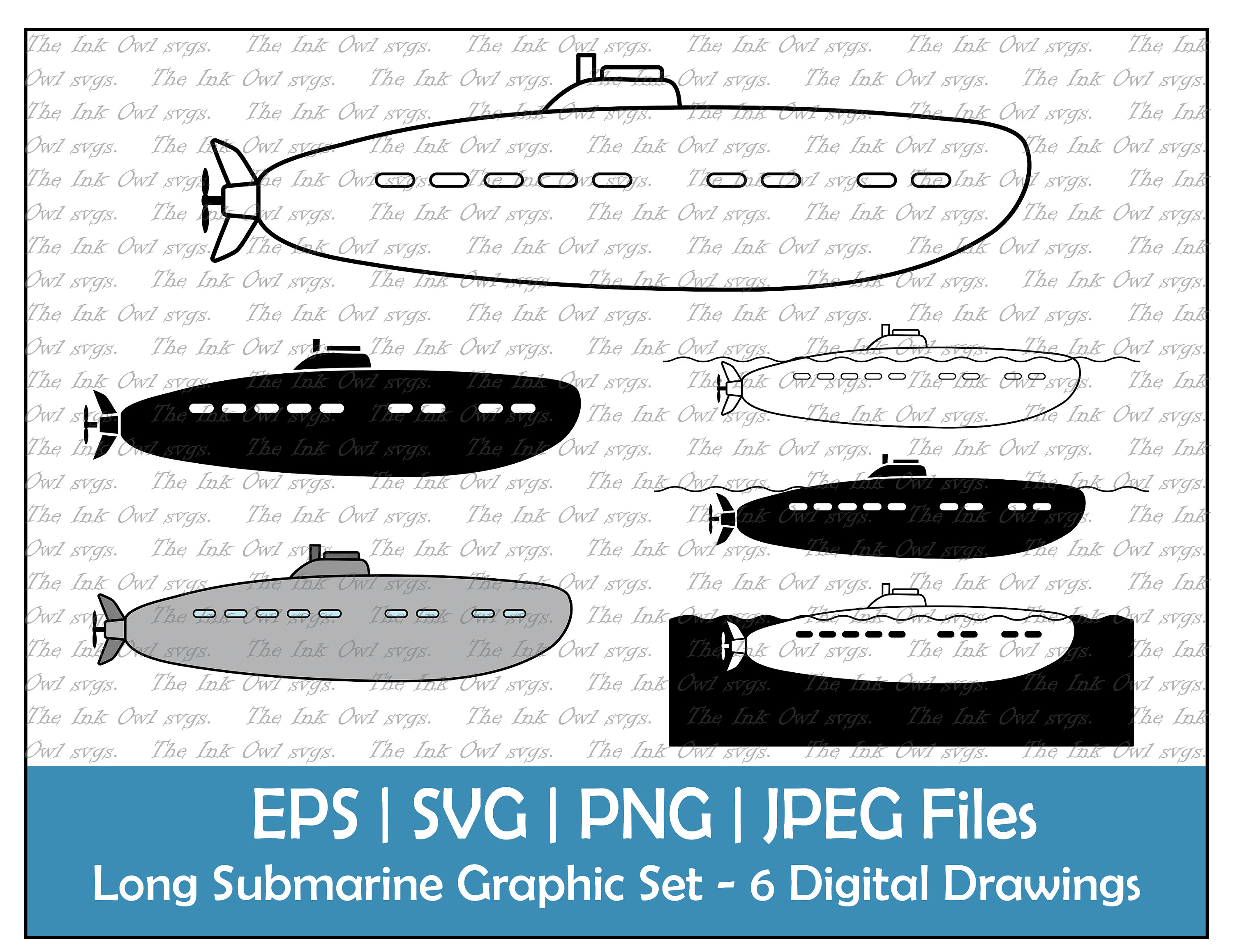 Long Deep Sea U-Boot Vektor Clipart Set / Outline & Stempel Grafik ...