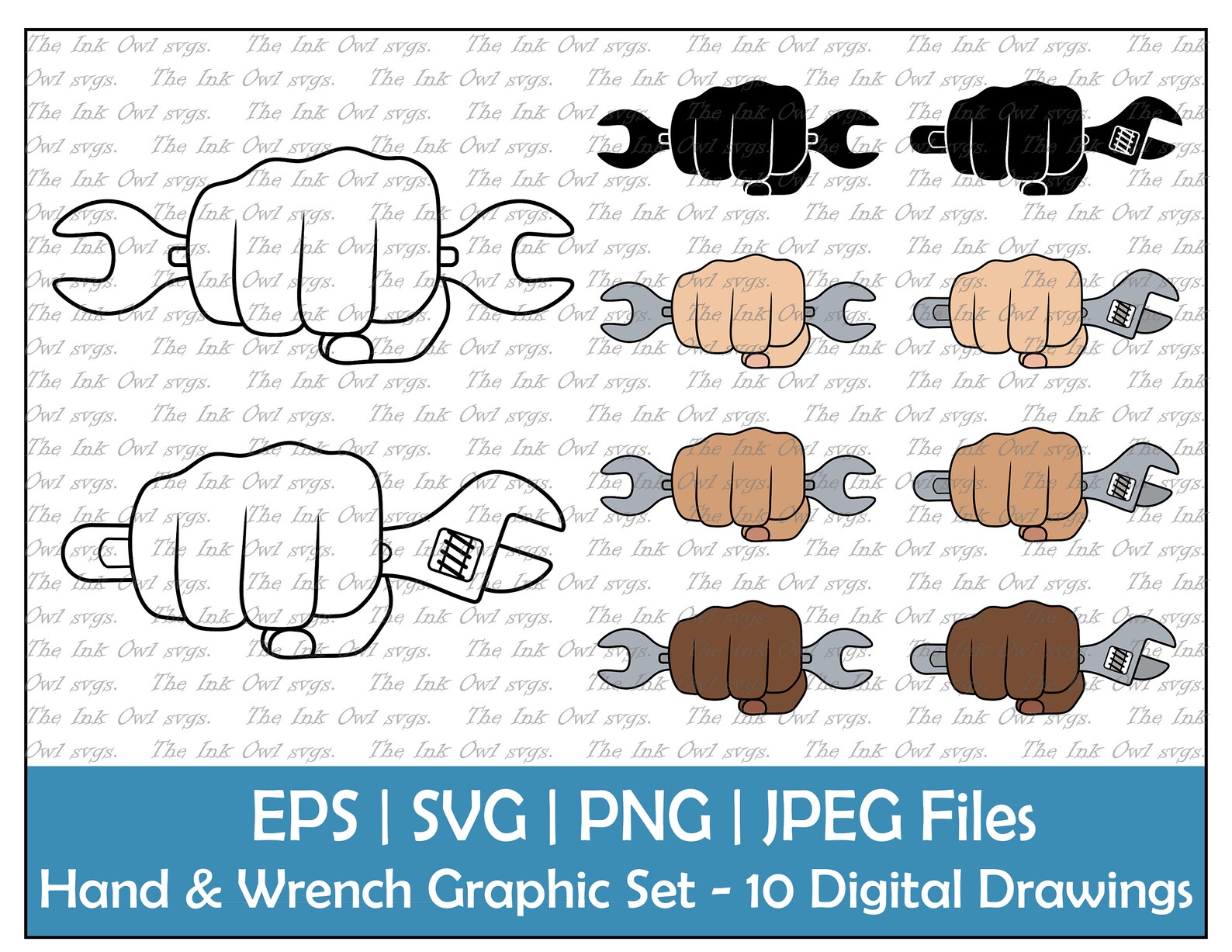 Handyman Wrench Clipart Set / Outline, Stamp & Color Graphic / Plumber ...
