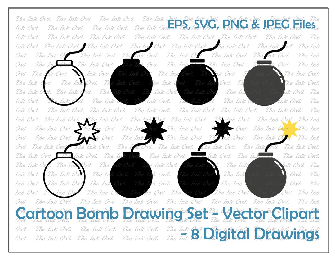 Cartoon Bomb Vector Clipart Set / Outline & Stamp Drawing Illustrations ...