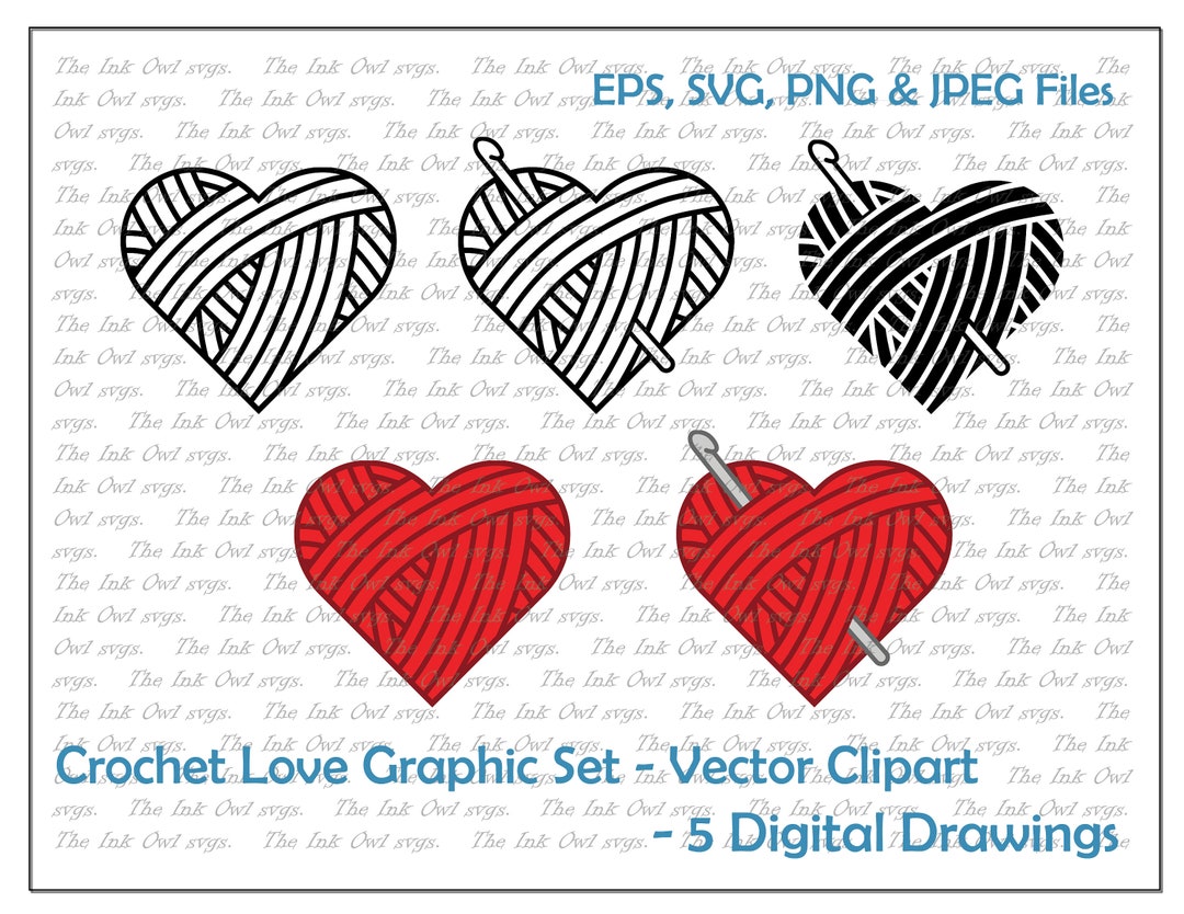 Crochet Hook and Yarn Heart Vector Clipart Set / Outline & Stamp ...