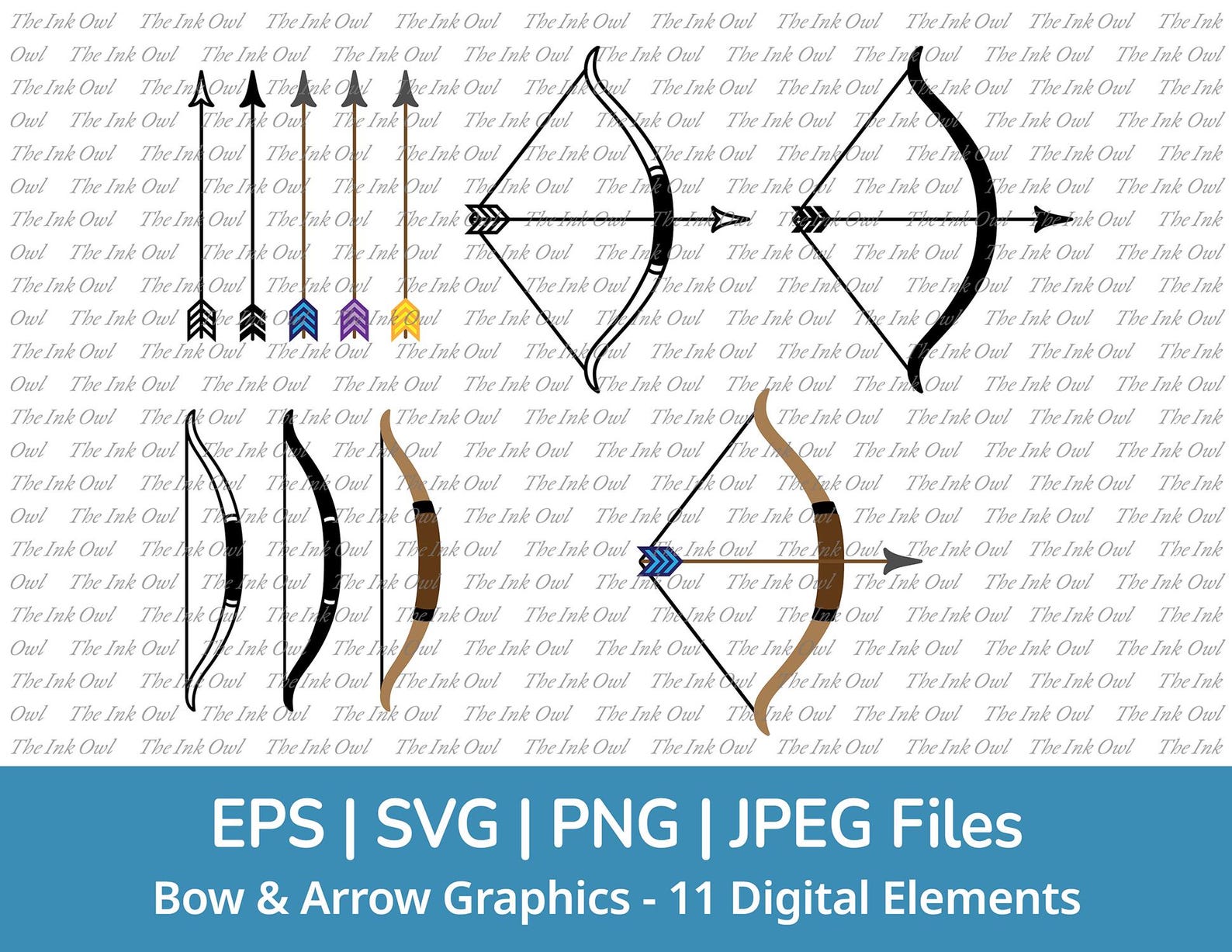Bow and Arrow Vector Clipart Set / Outline & Silhouette Stamp Drawing ...