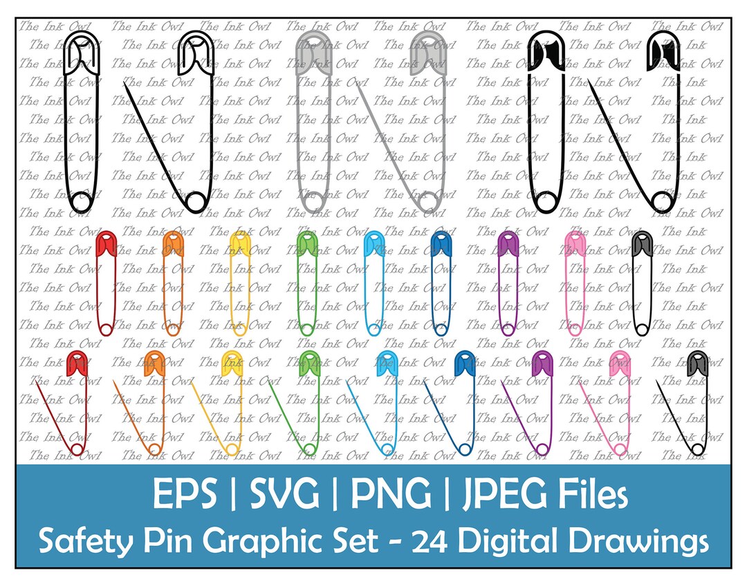 Safety Pin Vector Clipart Set / Outline, Silhouette & Color Graphics ...