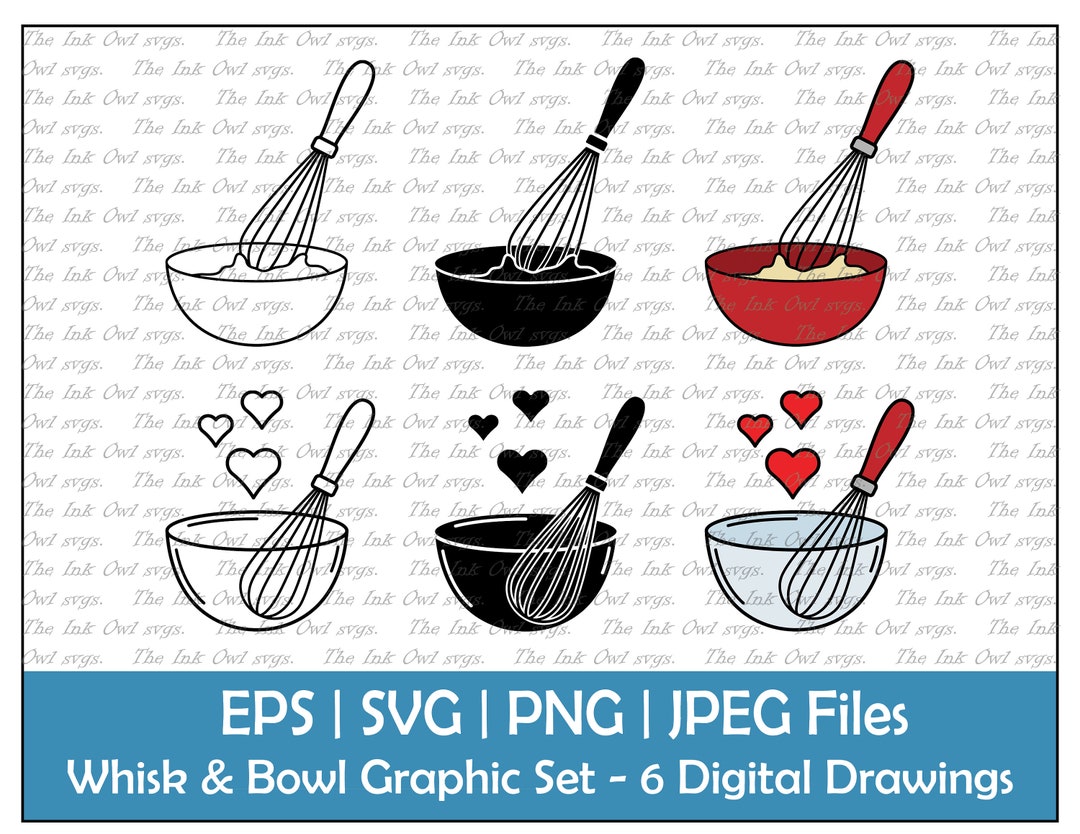 Whisk and Mixing Bowl Vector Clipart / Outline & Stamp Graphic/ Baking ...