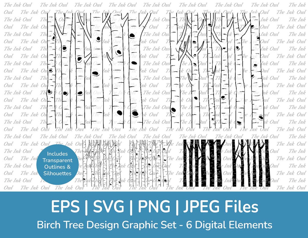 Birch Tree Forest Design Vector Clipart Set / Outline, Silhouette Stamp ...