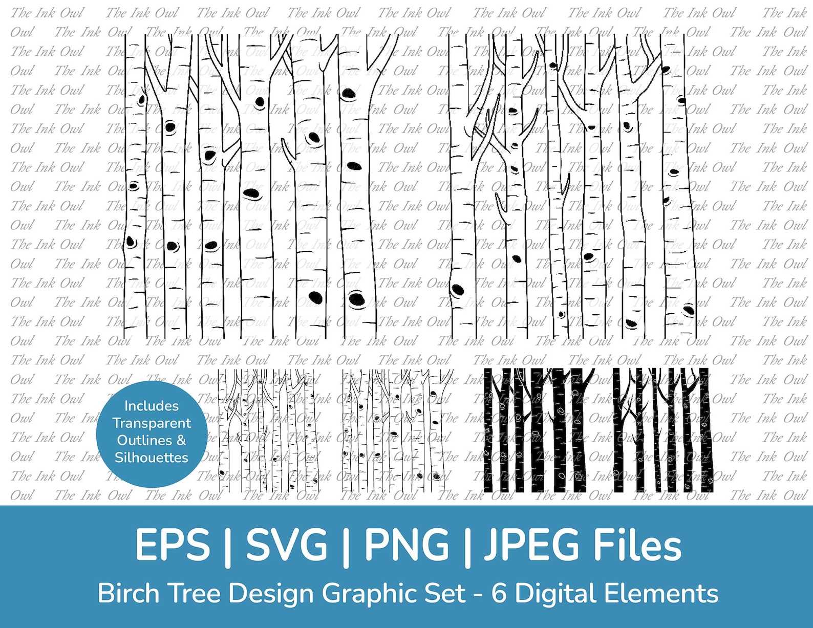 Birch Tree Forest Design Vector Clipart Set / Outline, Silhouette Stamp ...