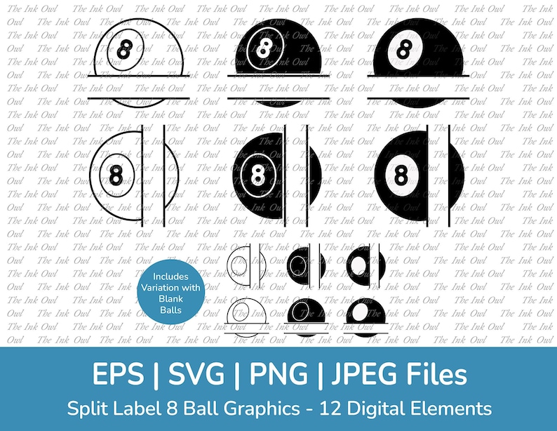 8 Ball Split Frame Label Clipart / Outline, Silhouette & Color Graphic ...