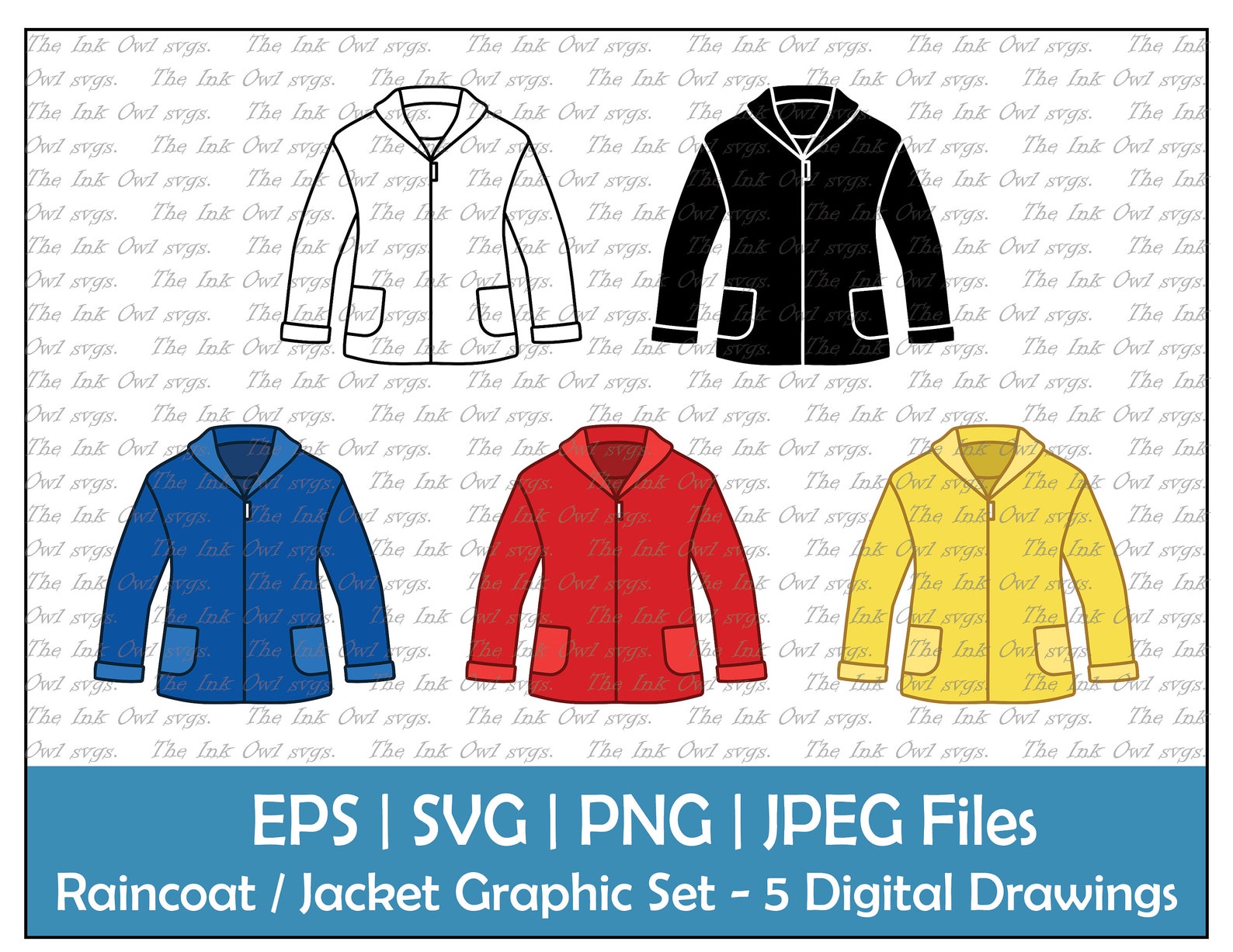 Raincoat or Rain Jacket Vector Clipart Set / Outline, Stamp & Color ...