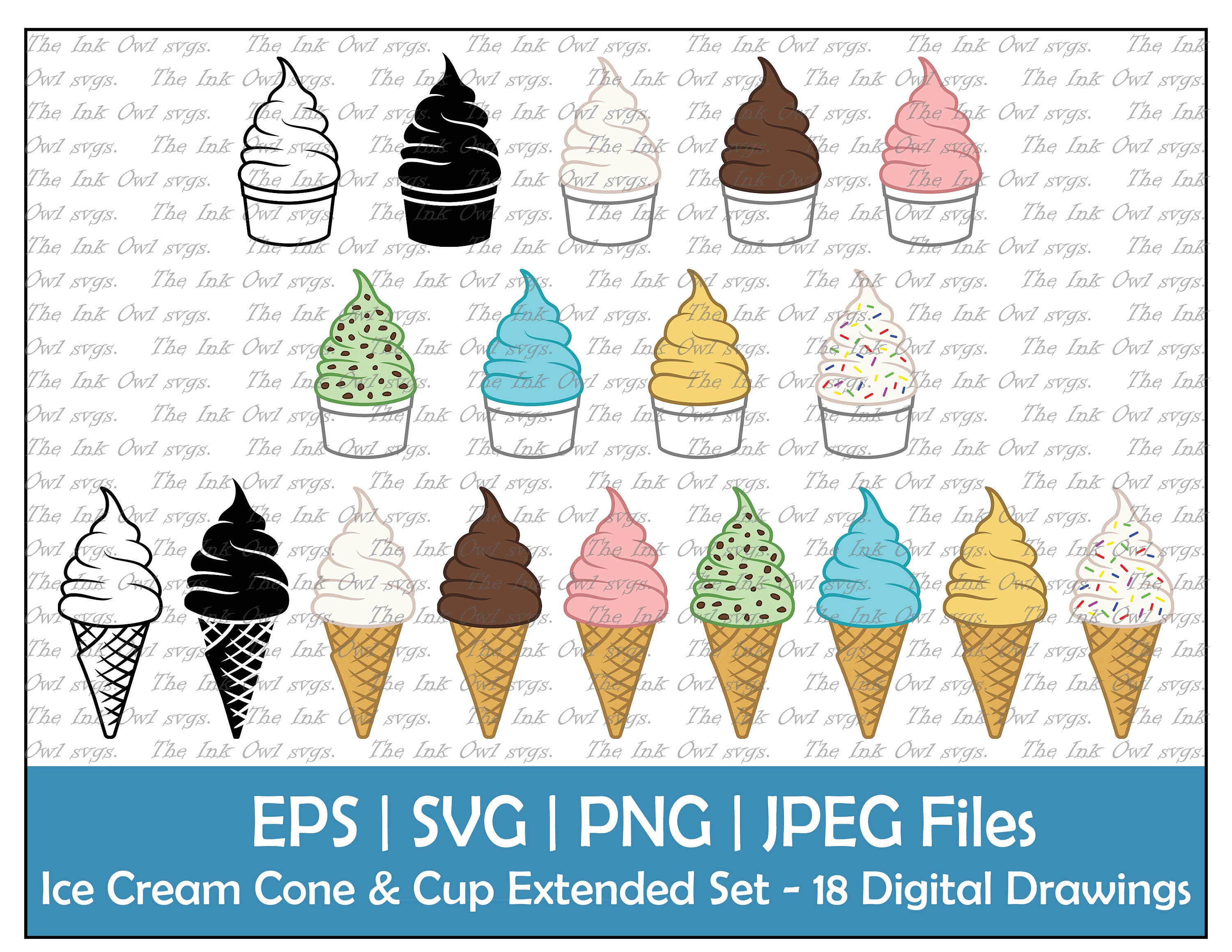 Ice Cream Cone and Cup Clipart Combo Set / Outline Stamp & | Etsy