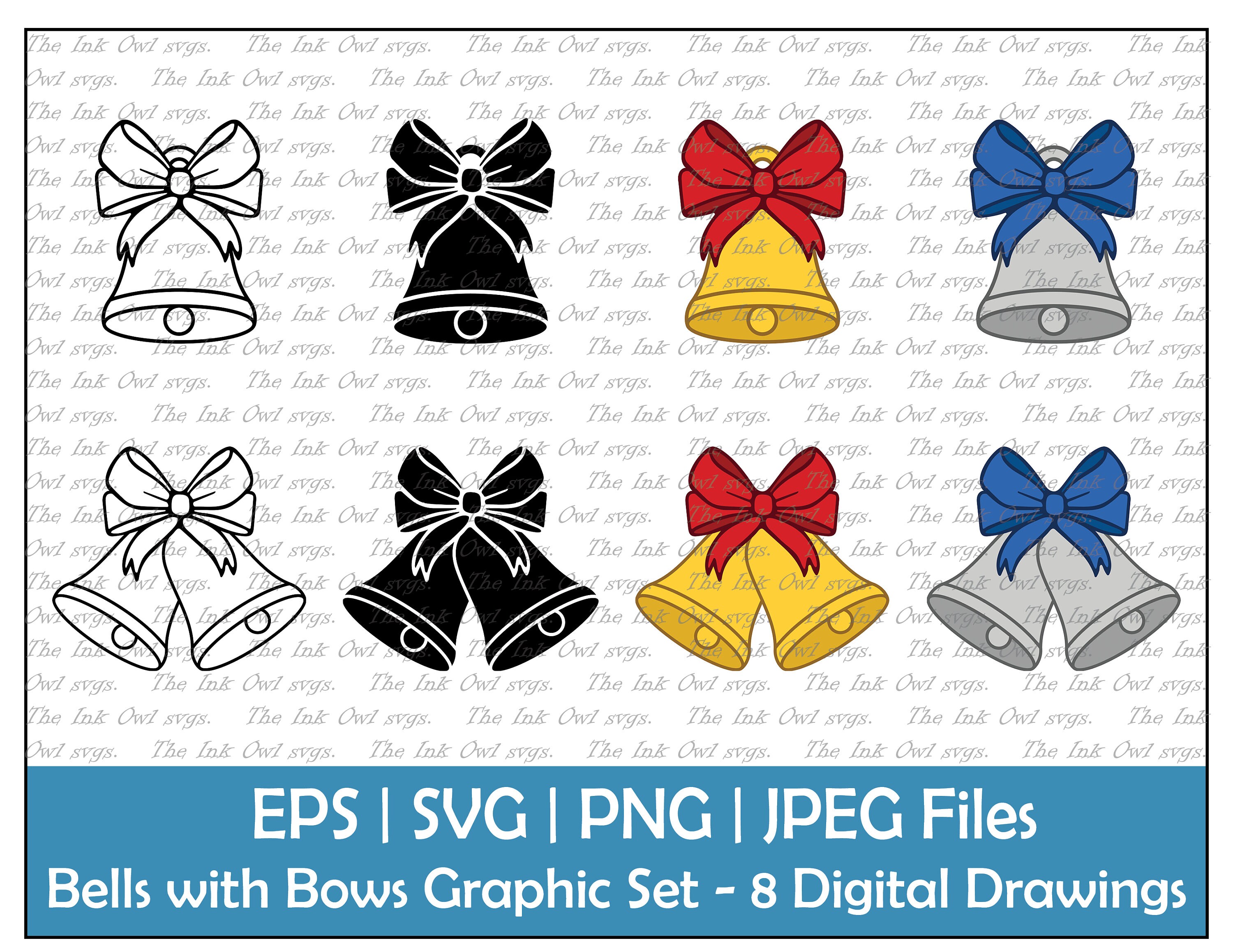Christmas Bell With Bow Vector Clipart Set / Outline & Stamp Graphic ...