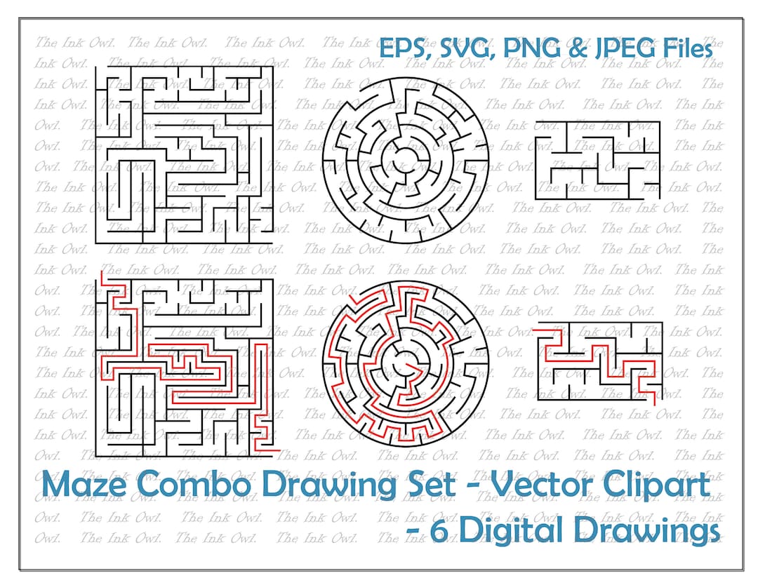 Maze Puzzle Combo Vector Clipart Set / With Solved Maze / Drawing ...