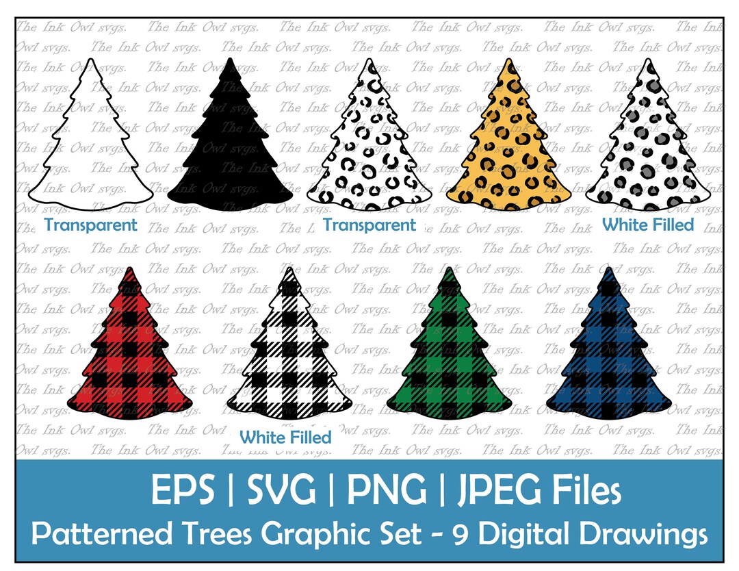 Plaid & Leopard Print Pine Tree Clipart Set / Outline, Silhouette and ...
