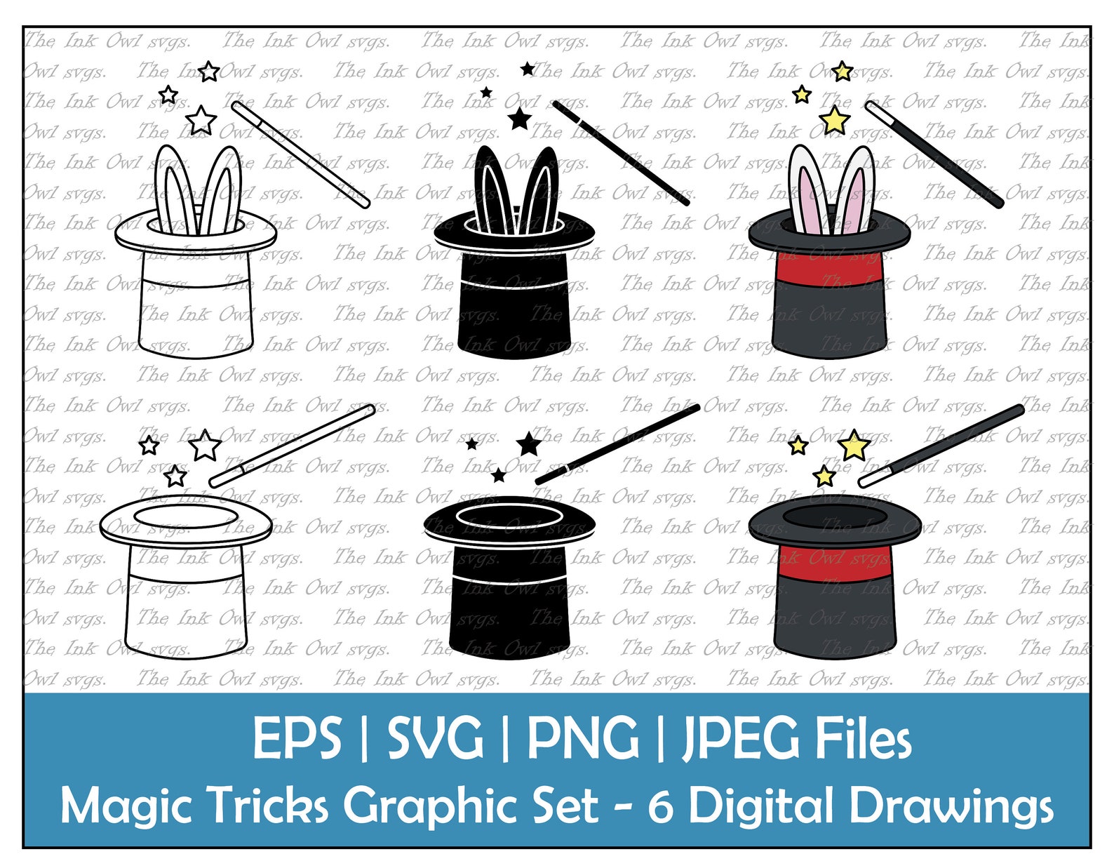 Magic Trick With Rabbit Clipart Set / Outline & Stamp Drawing Graphic ...