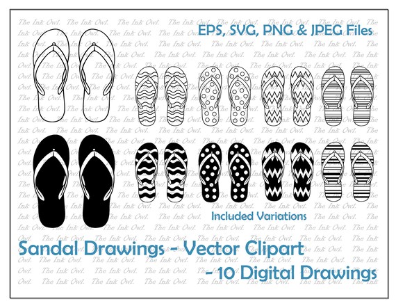 Sandal Vector Clipart Set / Outline & Stamp Drawing - Etsy
