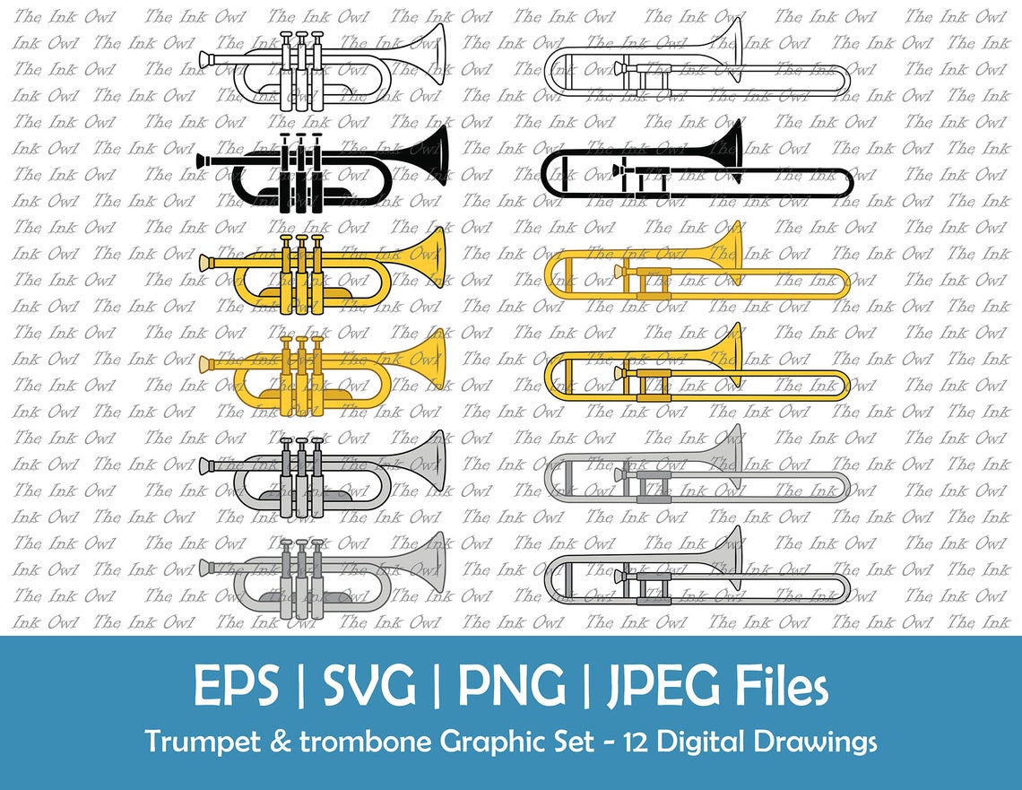 Trumpet and Trombone Clipart / Musical Instrument / Outline, Silhouette ...