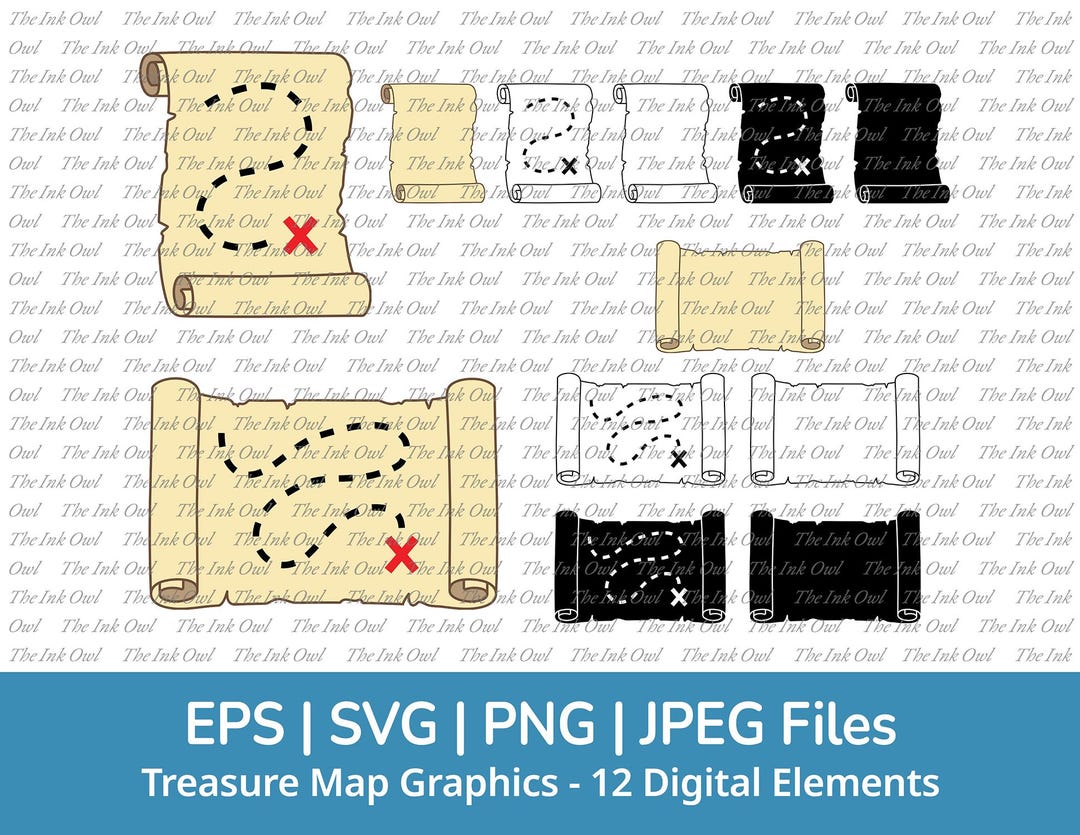 Treasure Map Vector Clipart Set / Outline & Stamp Drawing Graphic / X ...