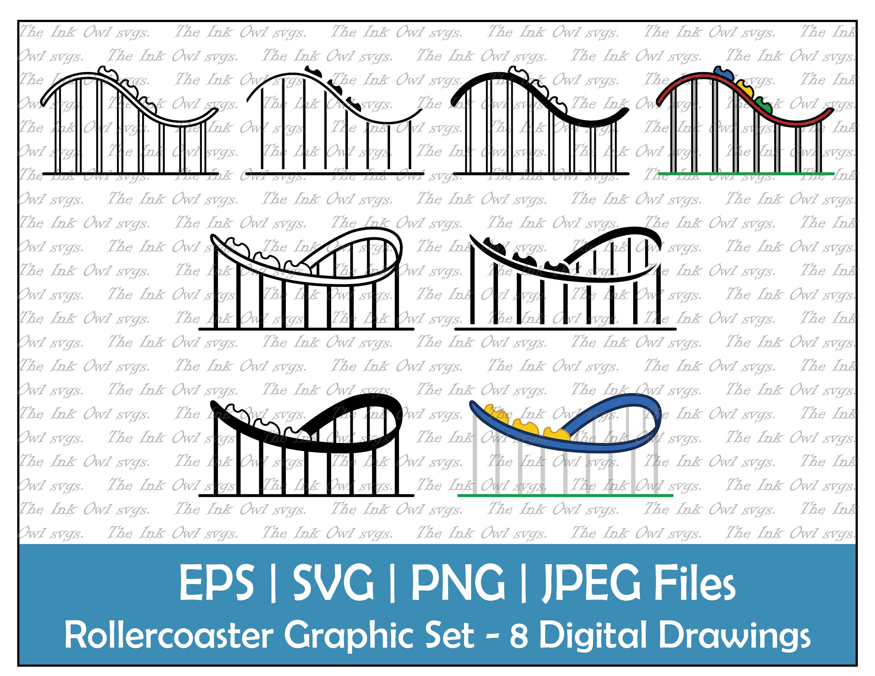 Rollercoaster Ride Vector Clipart Set / Outline, Stamp & Color Drawing ...