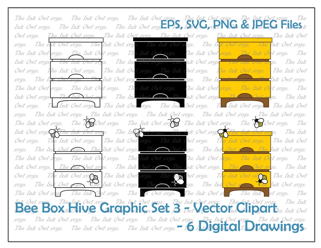 Bee Hive Box Vector Clipart Set 3 / Outline, Stamp and Colored Graphic ...