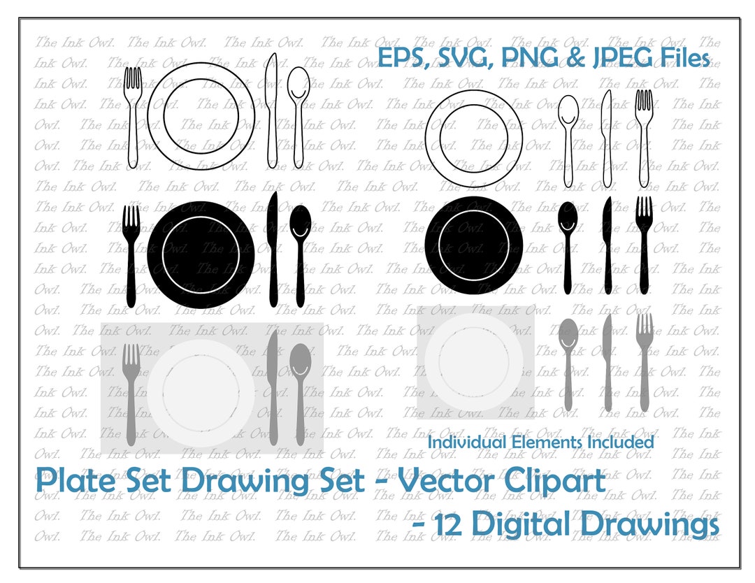 Dining Plate Set Vector Clipart / Outline & Stamp Drawing - Etsy