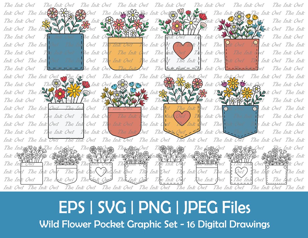 Wildflower Bouquet Pocket Vector Clipart / Outline & Color Graphic ...