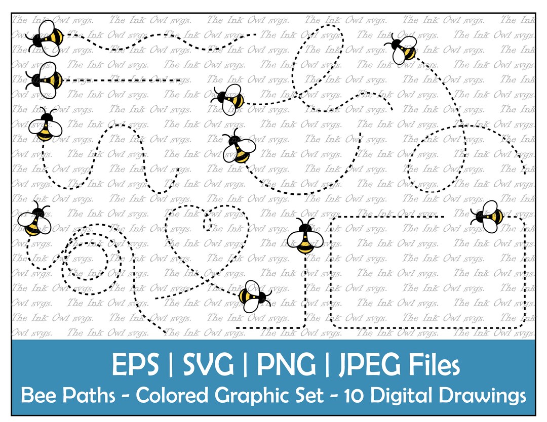 Bee Flying Path Color Clipart Set / Outline & Stamp Graphic / Dashed ...