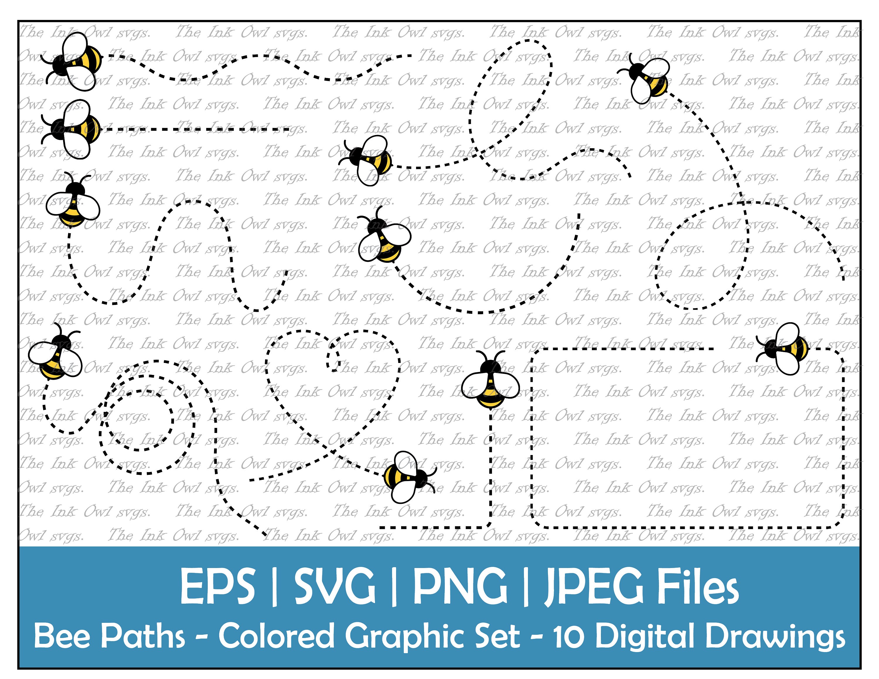 Bee Flying Path Color Clipart Set / Outline & Stamp Graphic / Dashed ...