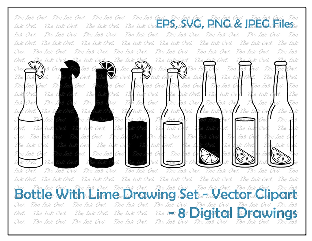 Beer Bottle With Lime Vector Clipart Set / Outline & Stamp Drawing ...