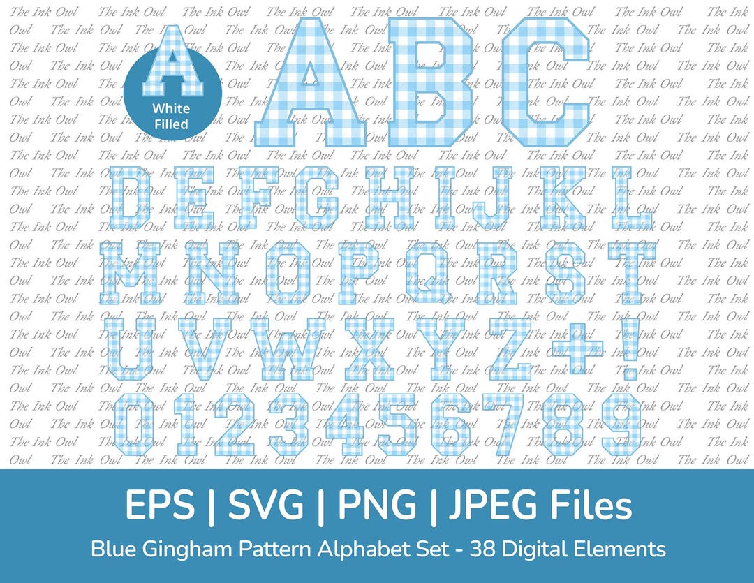 Blue & White Gingham Pattern Alphabet Letter and Number Vector Clipart ...