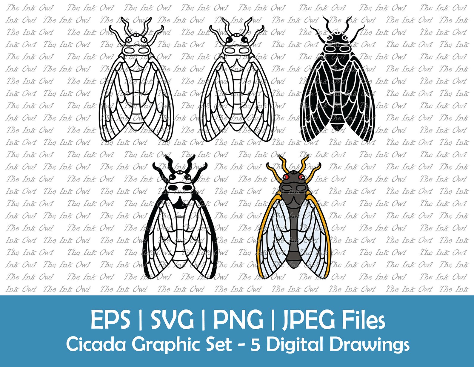 Cicada Insect Vector Clipart / Outline, Silhouette Stamp & Color ...