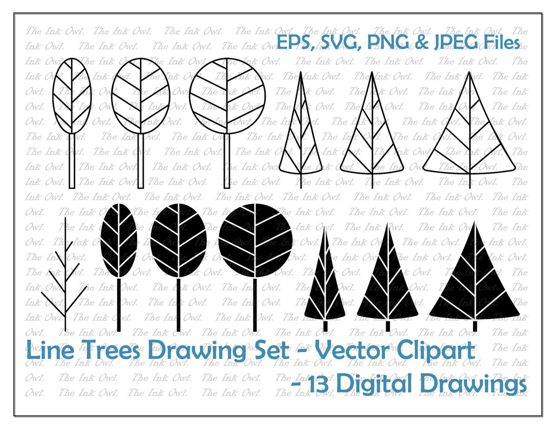 Stylized Tree Vector Clipart Set / Outline & Stamp Line Drawing ...